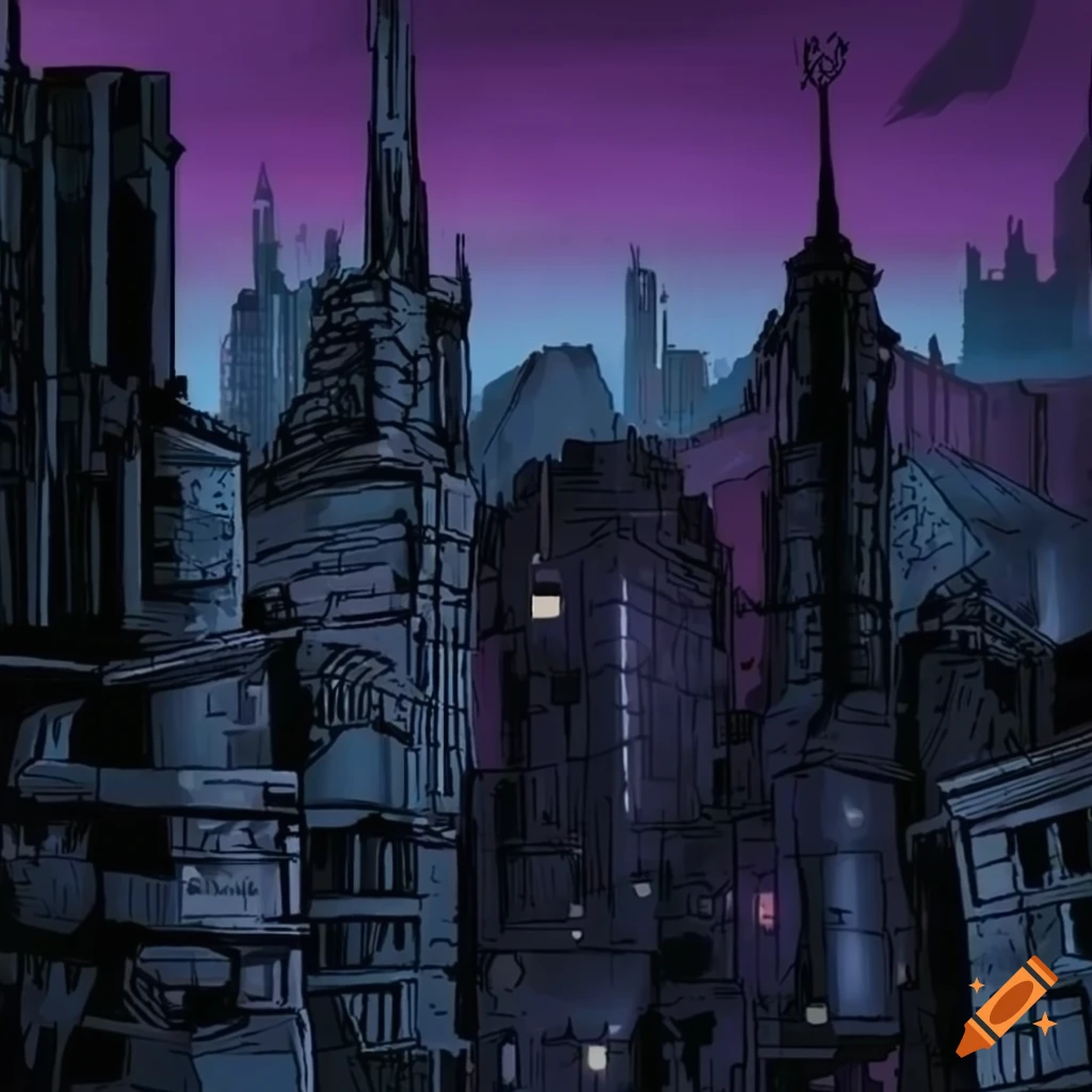 Dark sci-fi city comic illustration