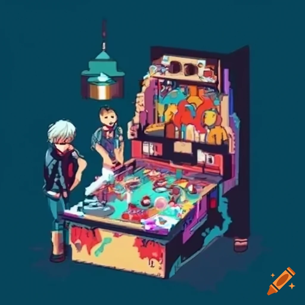 Pixel art of two friends playing pinball at the museum on Craiyon