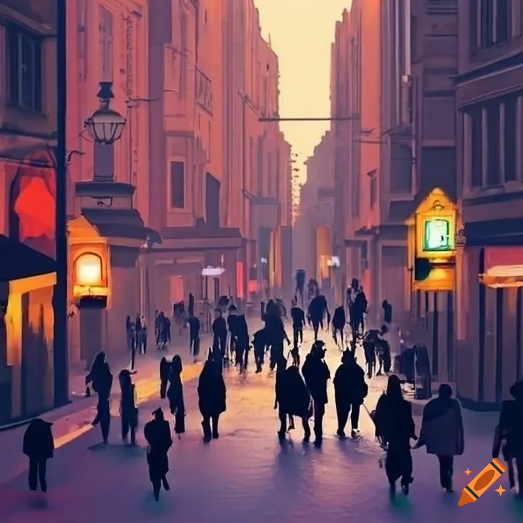 Crowded street scene on Craiyon