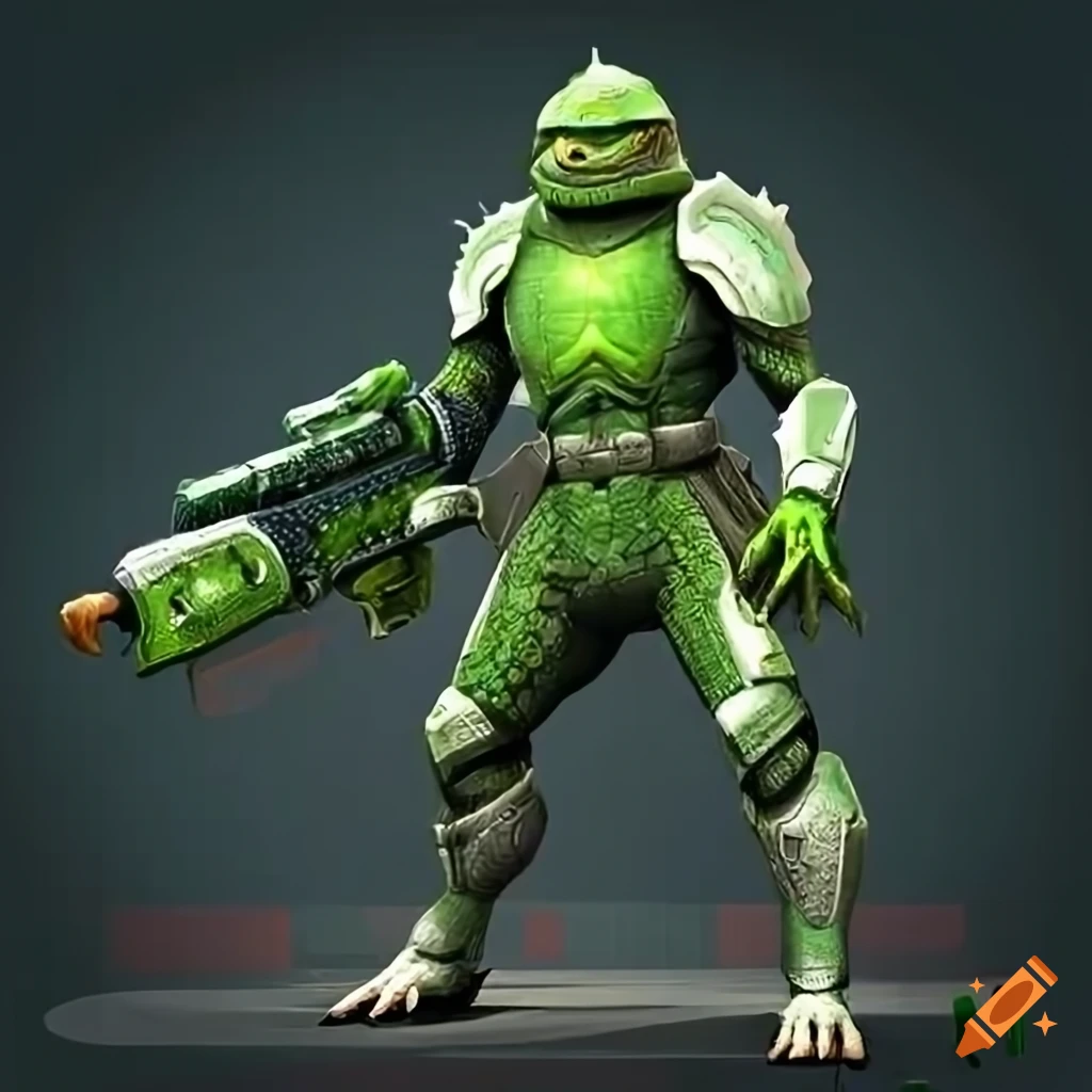 Image of a lizard wearing space armor and carrying a blaster rifle on ...