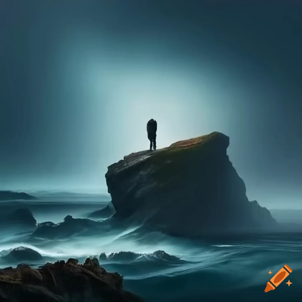 Album cover with a mysterious figure on a stormy cliff on Craiyon