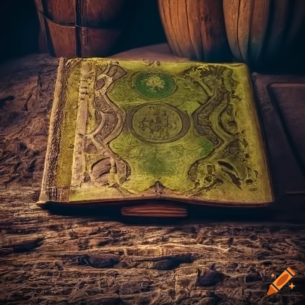 Photo of a leather book in a medieval cellar on Craiyon