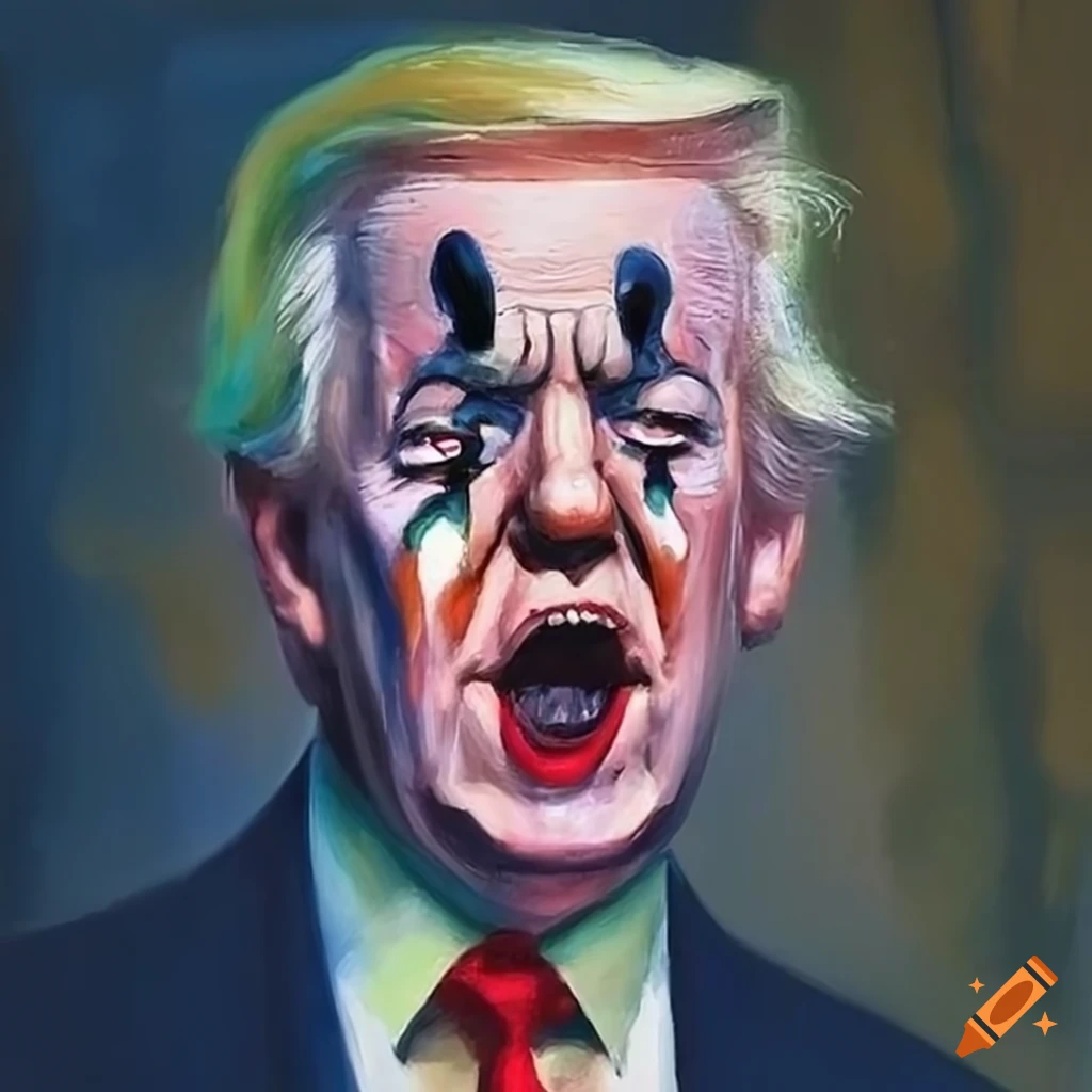 Satirical painting of sad donald trump as a clown