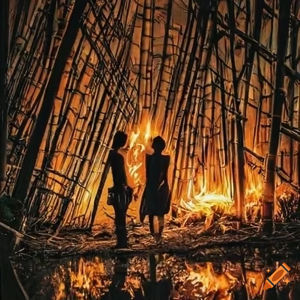 Image of a burning bamboo structure on Craiyon