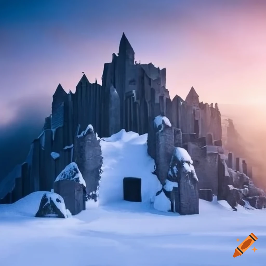 Black basalt castle on a snowy mountain on Craiyon