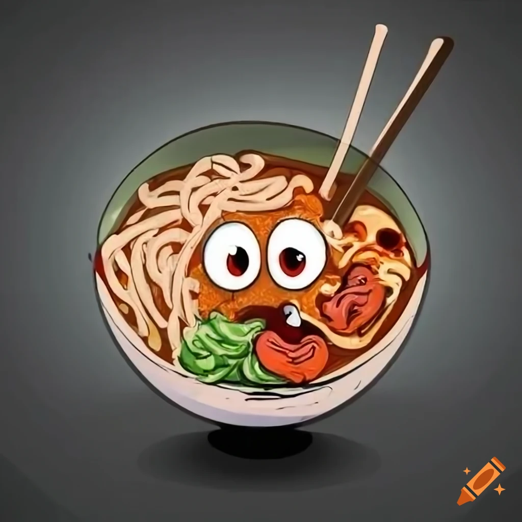 Draw a cool cartoon ramen bowl with toppings and the background is ...