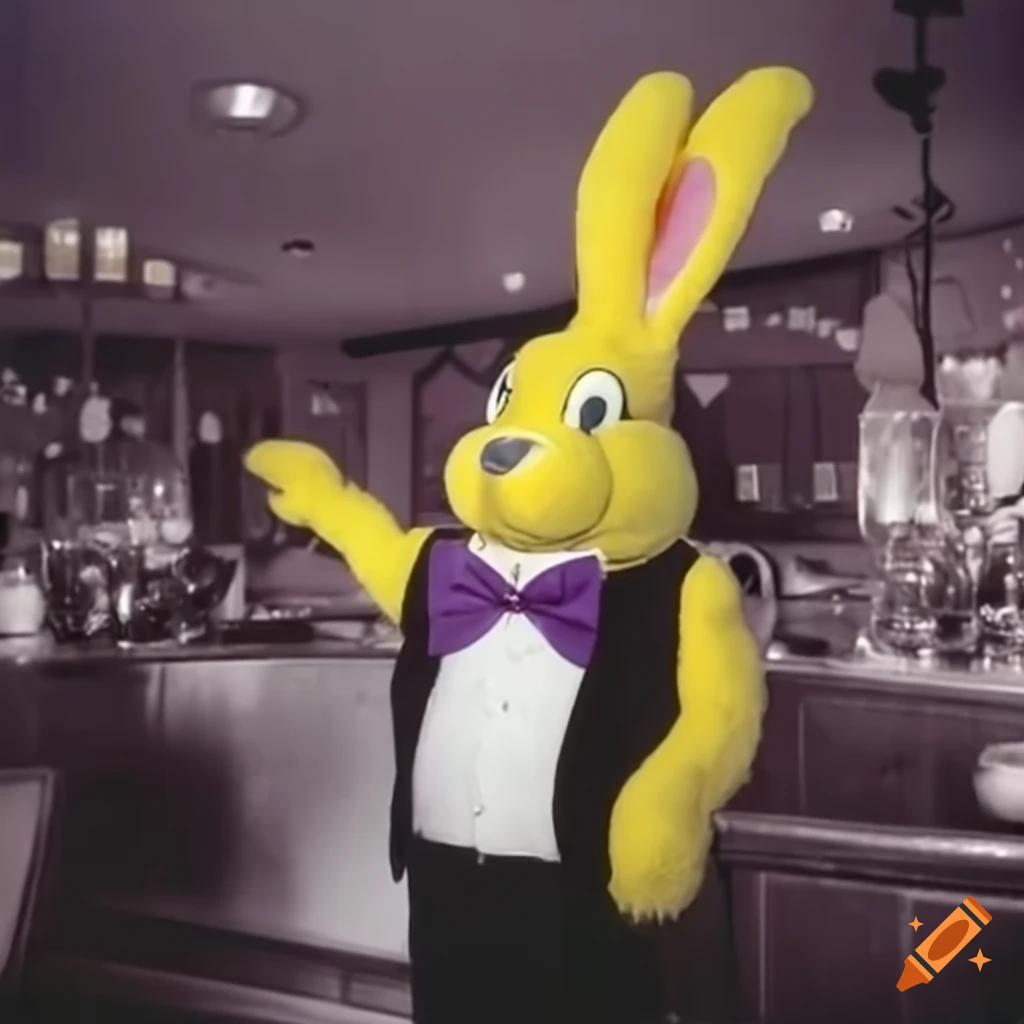 Retro yellow rabbit mascot in a tuxedo at a diner