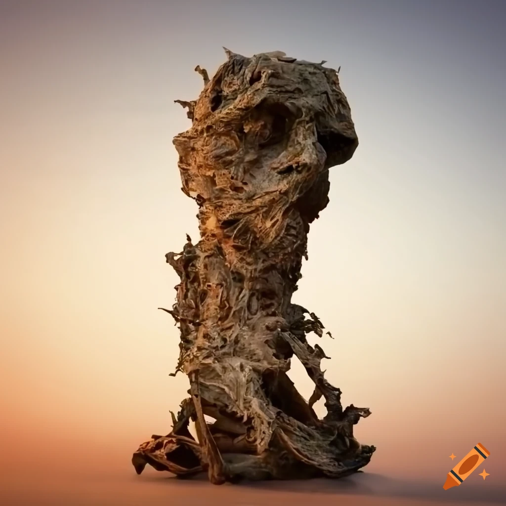 Close-up of a sculpture made of branches and junk in a destroyed ...