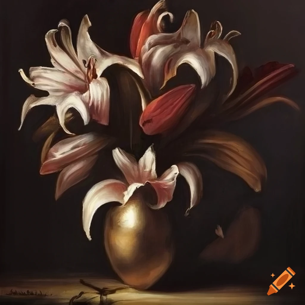 Baroque oil painting of dark lilies