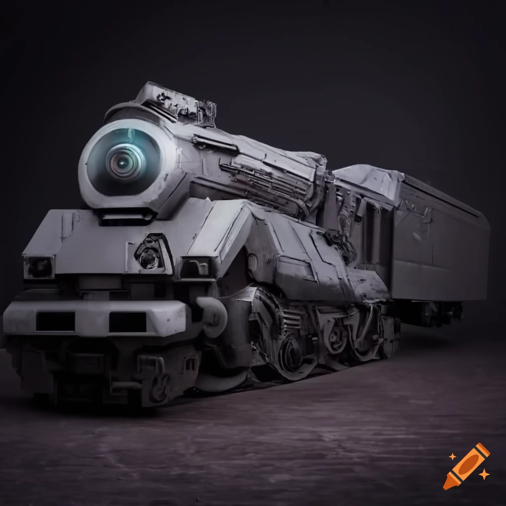 Futuristic cyberpunk locomotive with combat injuries on Craiyon