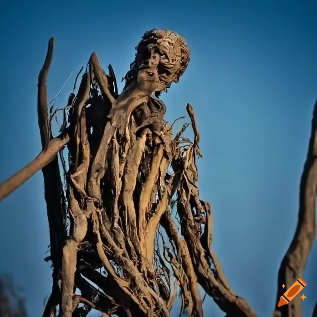 Surreal painting of a distorted figure caught in a web of branches on ...