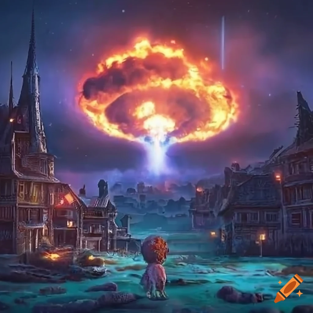 Fantasy village with a massive celestial explosion on Craiyon