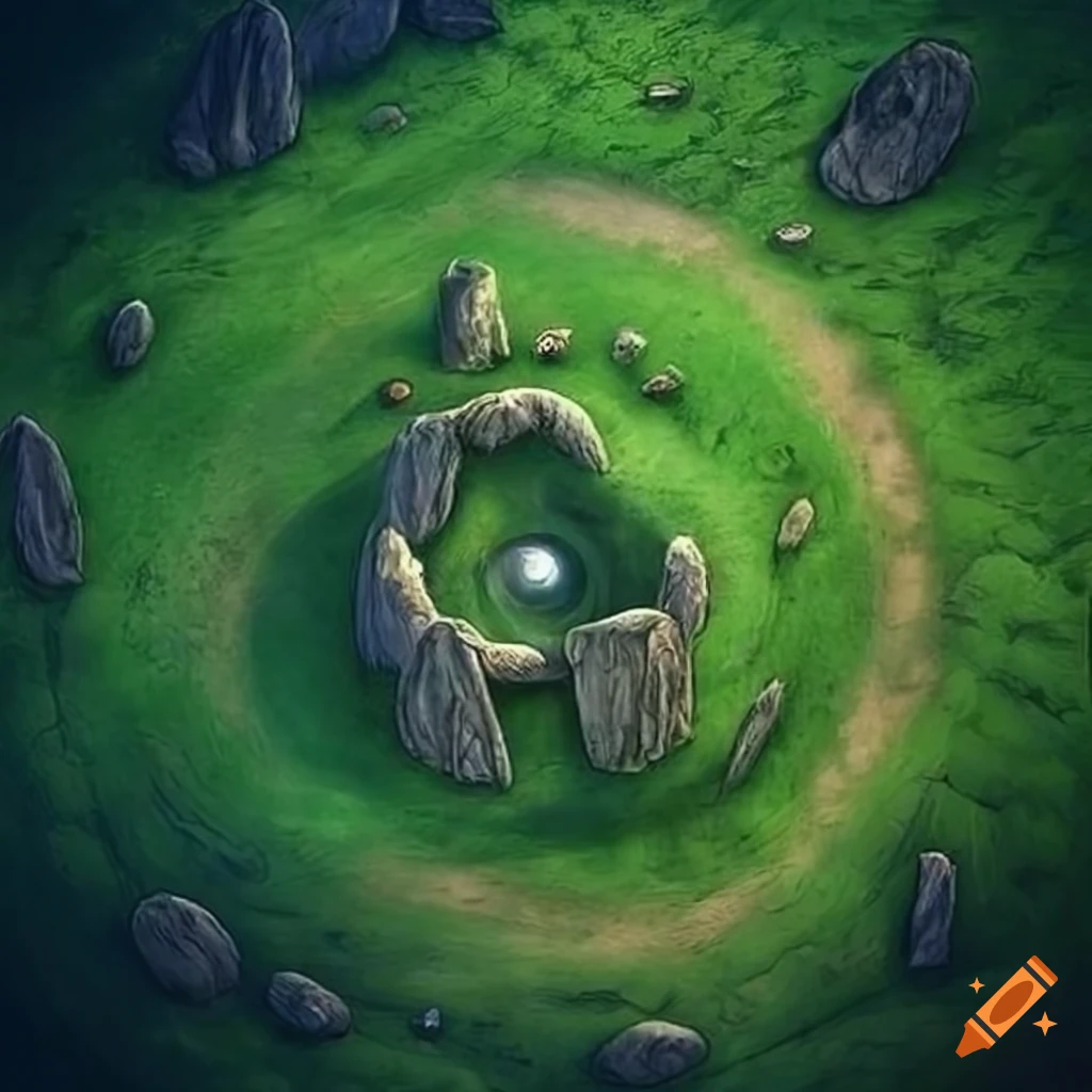 Bird's eye view of a stone circle in a grassy field on Craiyon