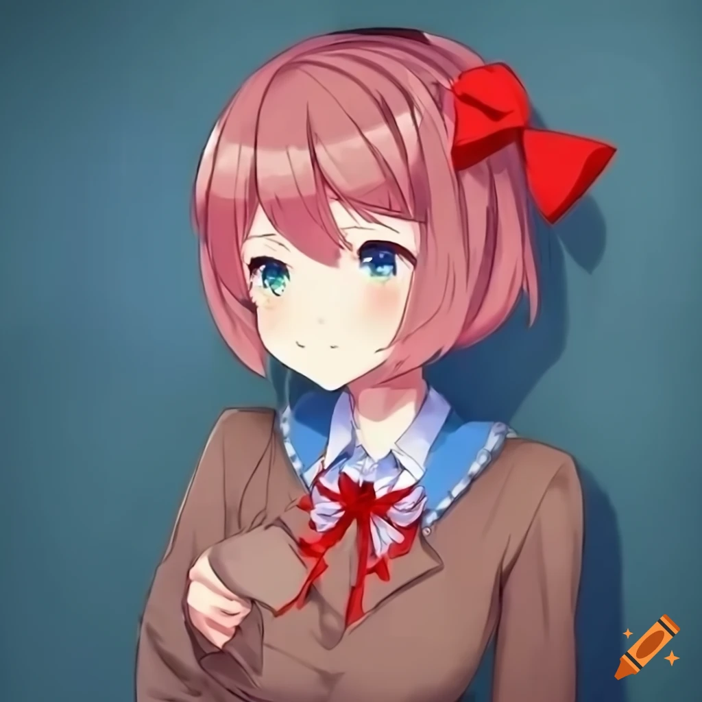 Anime girl with pink hair and red bow in school uniform on Craiyon