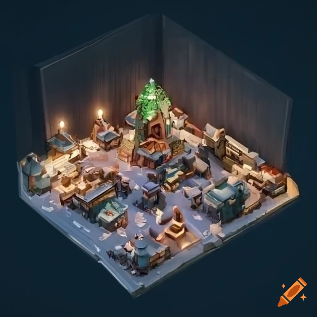 3d isometric of a snowless christmas village