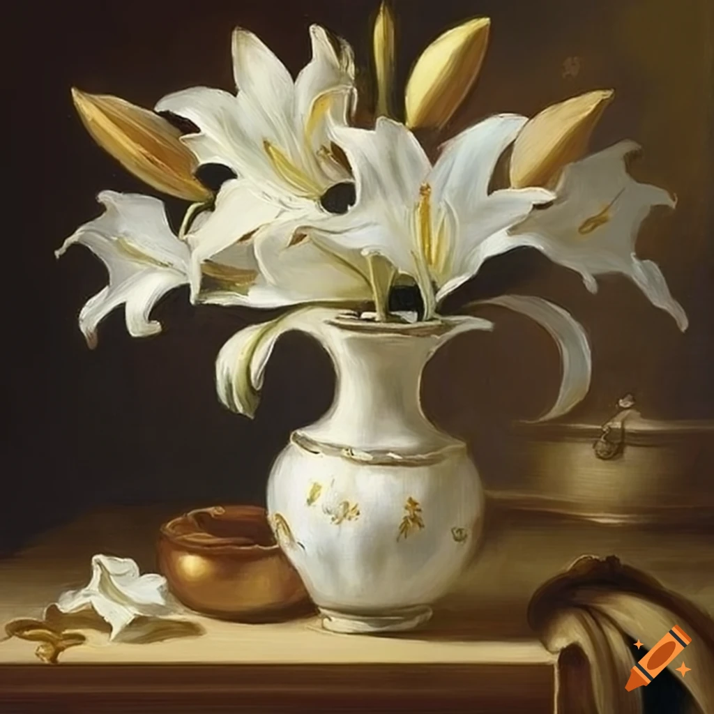 White lilies in a baroque oil painting