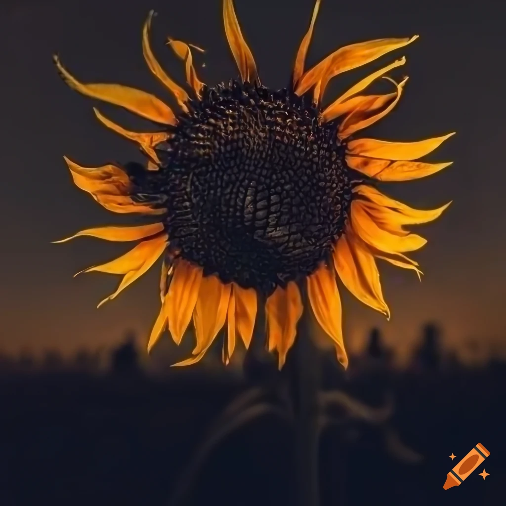 Photographic image of a spooky sunflower field at night on Craiyon