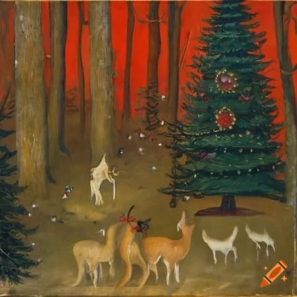 Intricate oil painting of a festive Christmas forest scene on Craiyon