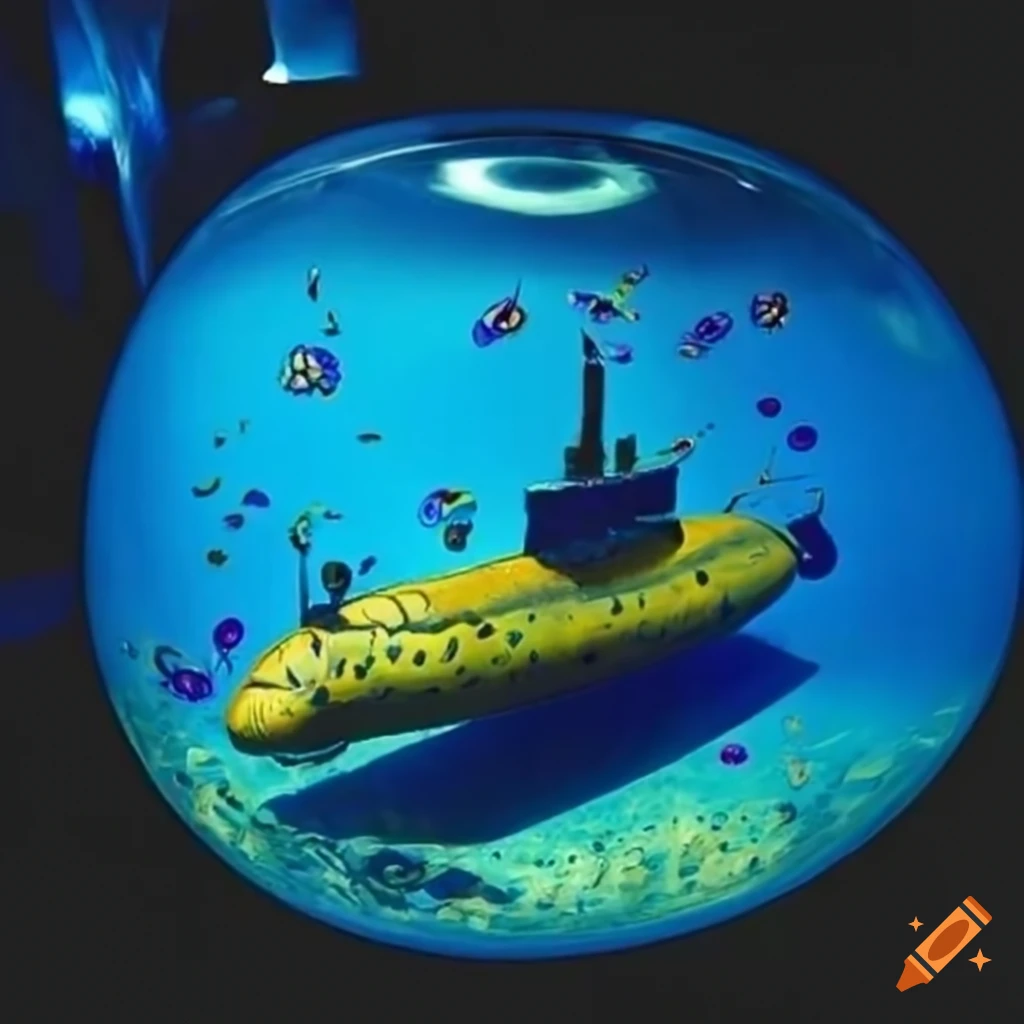 Surreal artwork of a dark blue submarine surrounded by flowers