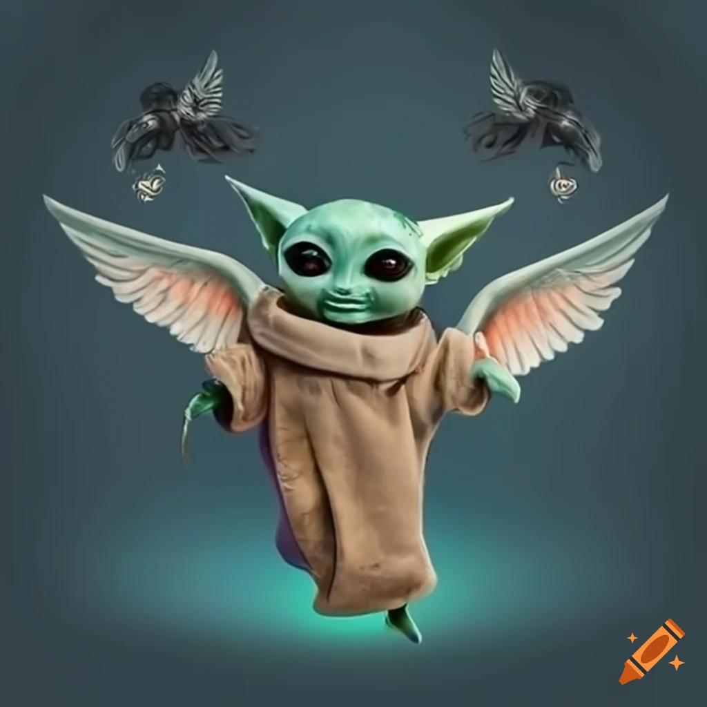 Grogu as a flying angel with wings on Craiyon