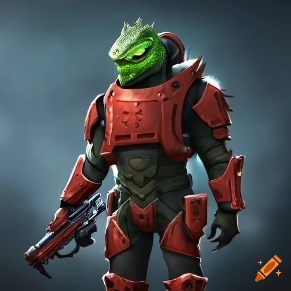 Fantasy lizard in red space armor with blaster rifle on Craiyon