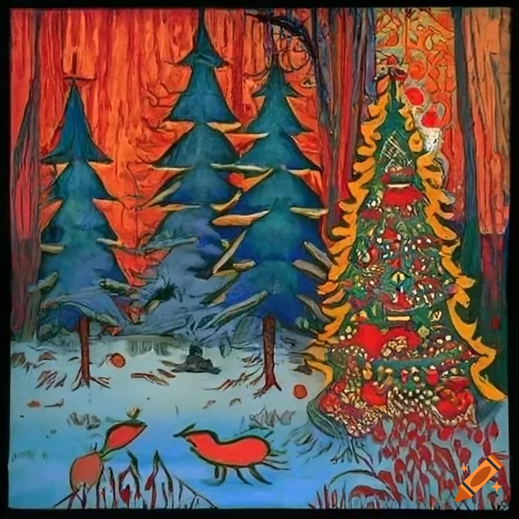 Highly detailed christmas forest scene with native salish and russian ...