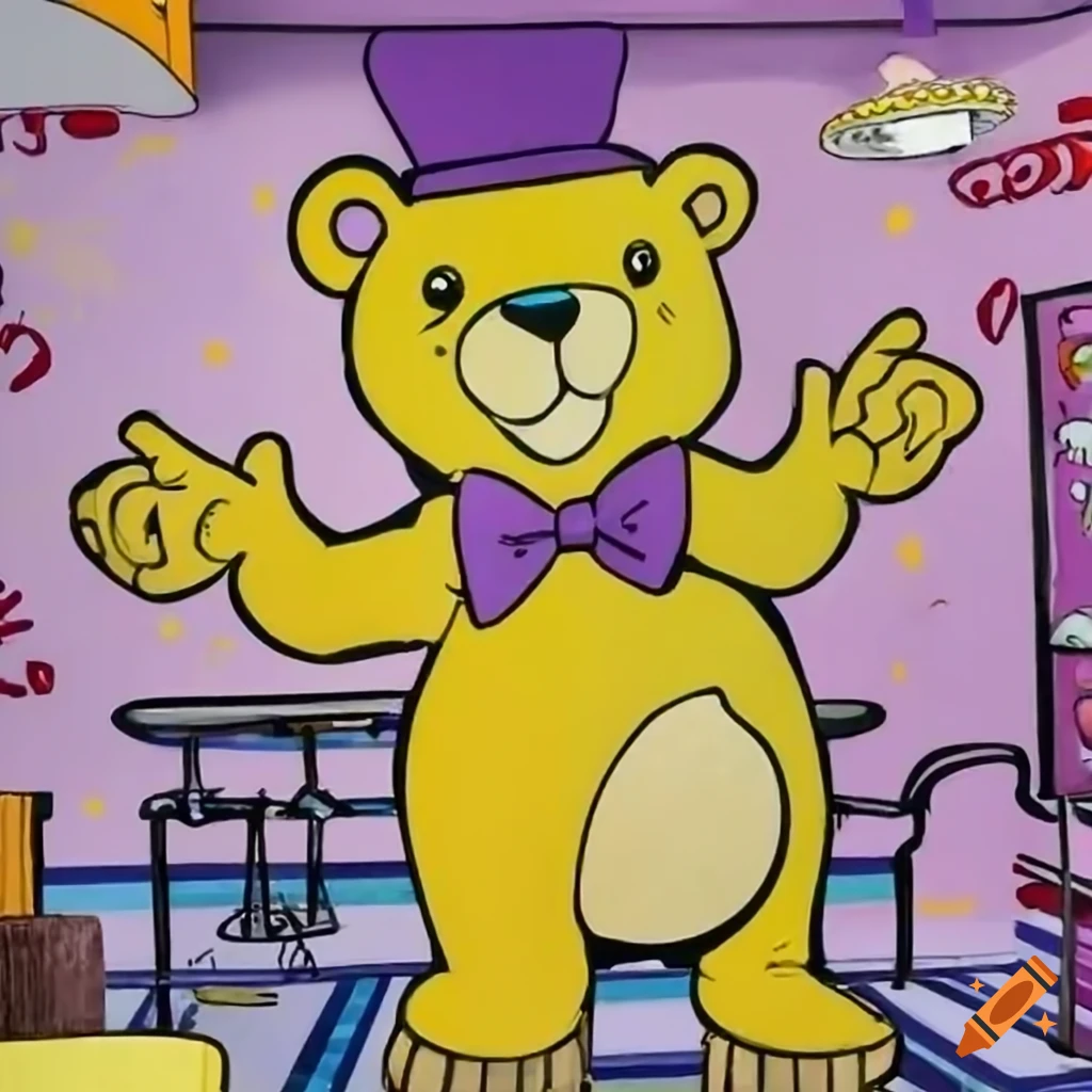 Mural of a cartoon yellow bear in a purple hat and bow tie on Craiyon
