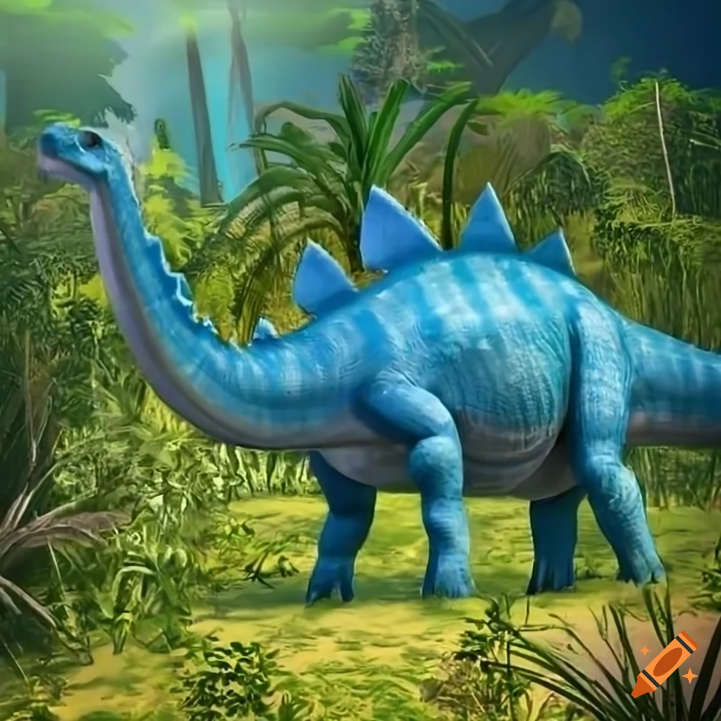 Blue stegosaurus in tall sunny vegetation on Craiyon