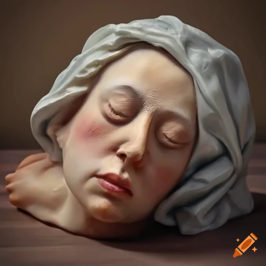 Realistic sculpture of a sleeping figure in warm colors