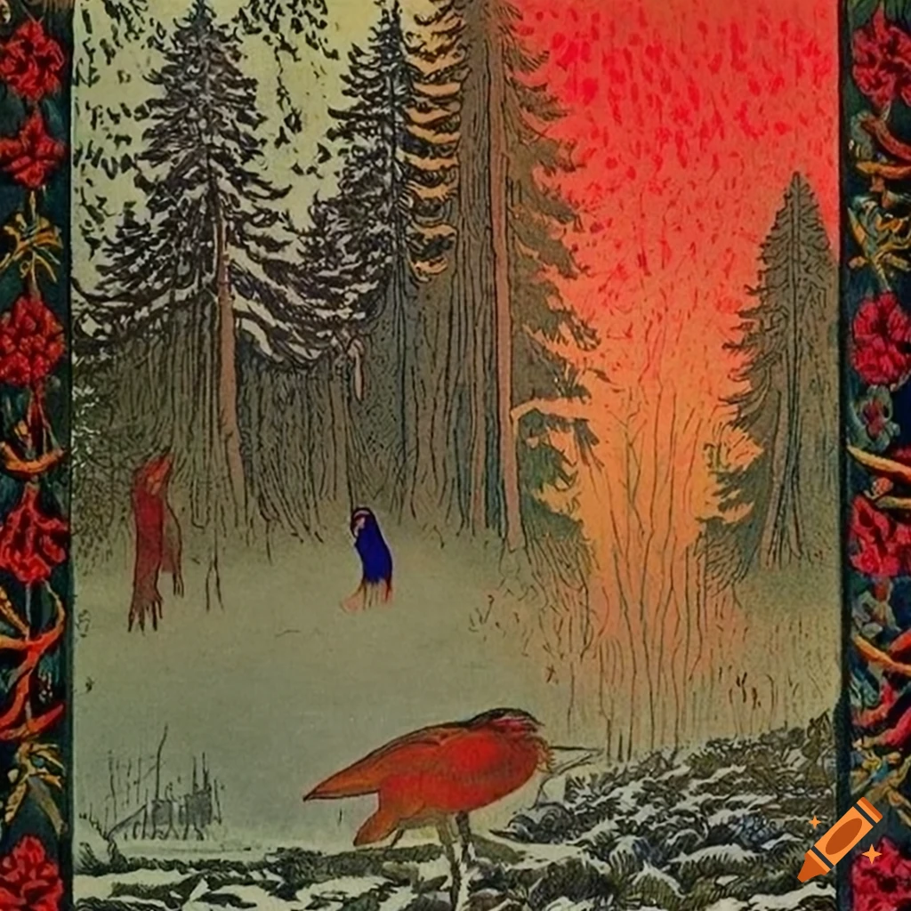 Intricate serigraph combining native salish and russian fairytale ...