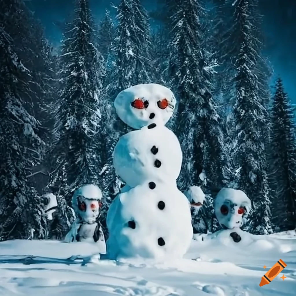 Scifi snowman building by scary aliens on Craiyon