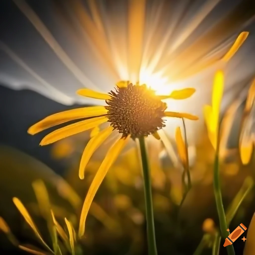 Macro photograph of a daisy with sunrise rays on Craiyon