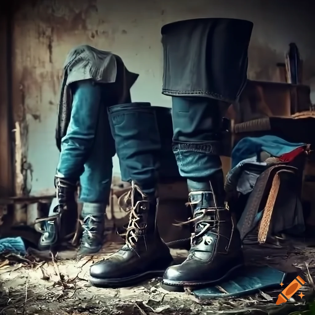 Close-up of men's feet in steel-cap combat boots on piles of laundry on ...