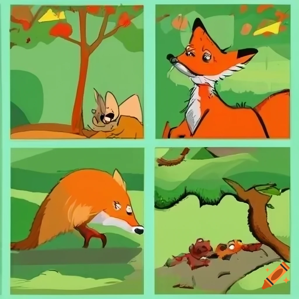 Colorful comic strip of a fox's adventures in the forest on Craiyon
