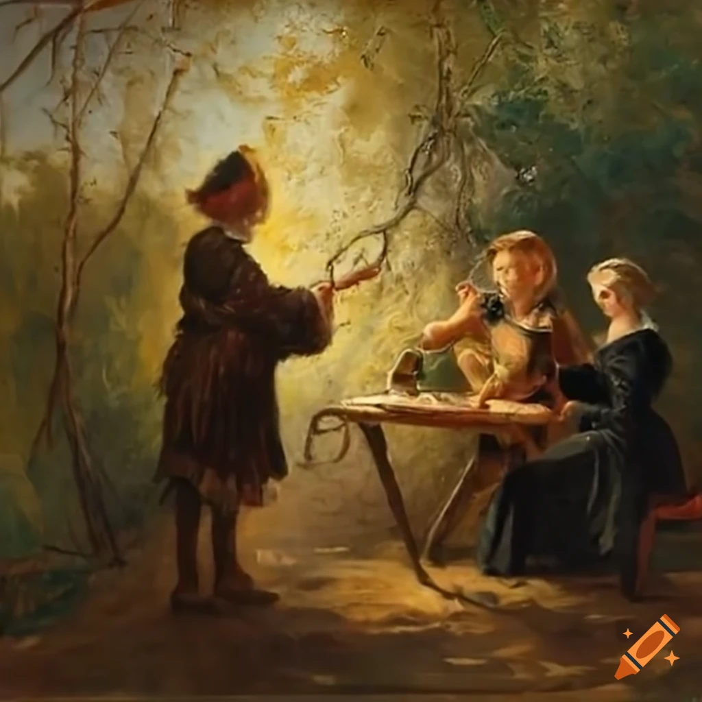 Impressionist painting of friends enjoying a meal surrounded by nature ...