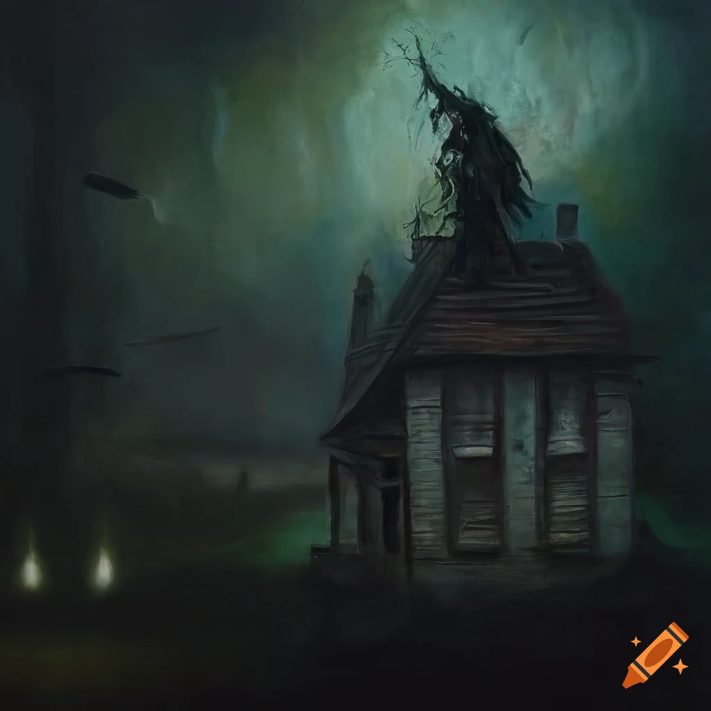 Dark romantic painting of an evil witch levitating over a farmhouse on ...