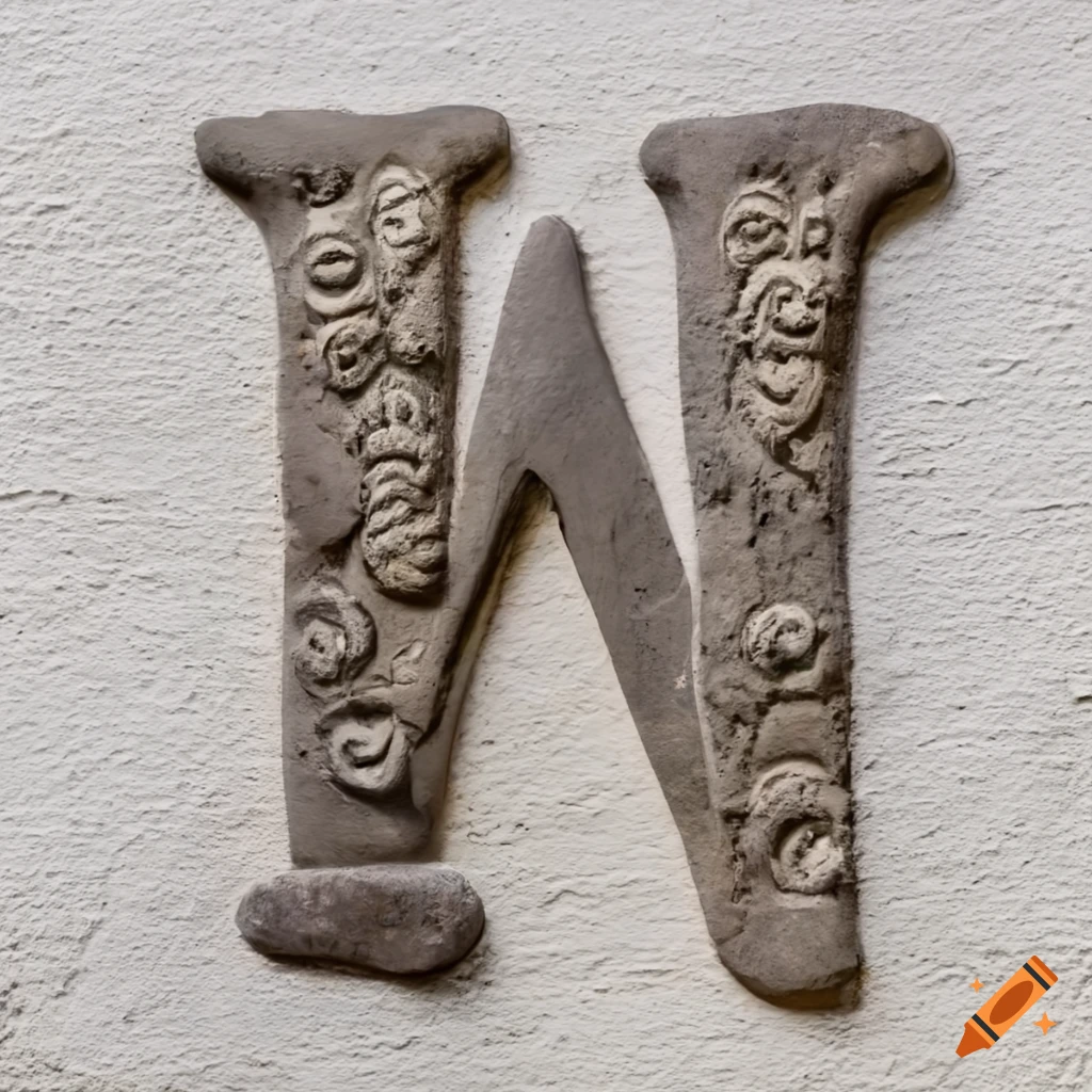 White background with an engraved etruscan stone letter "m" on Craiyon