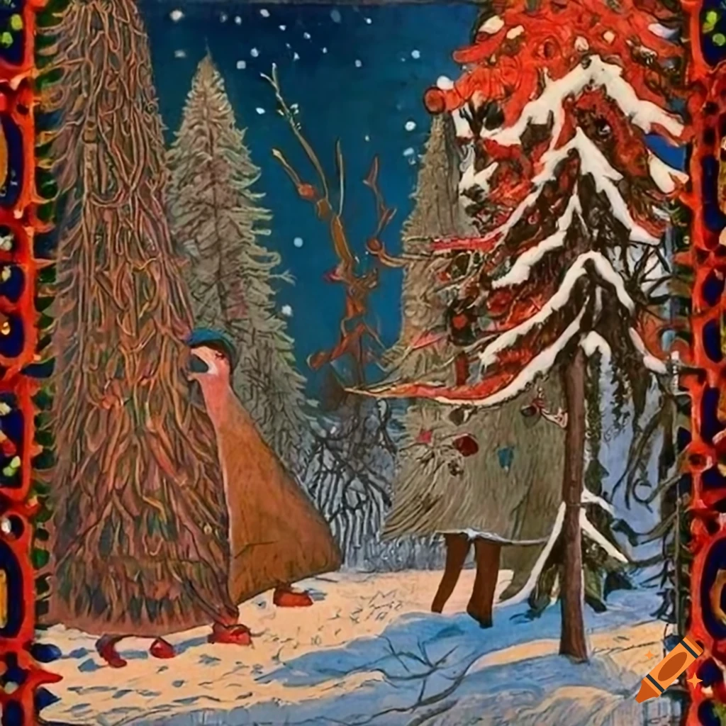 Illustration of a festive christmas forest scene with native salish and ...
