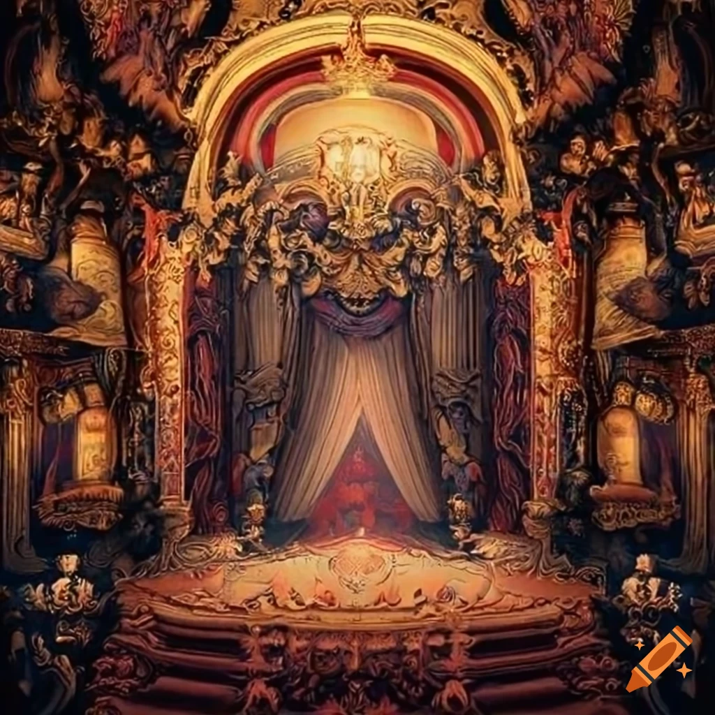 Luxurious elvish living room with silver trim and statues in modern ...