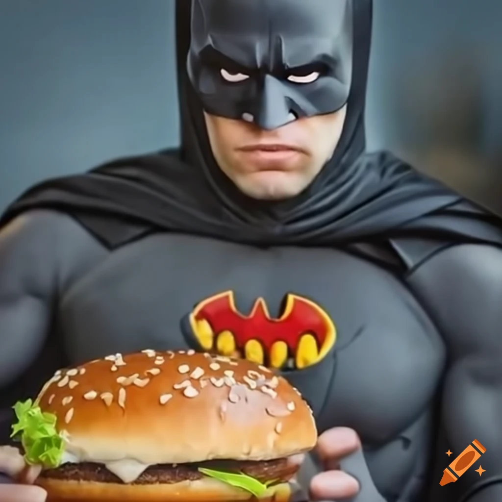Close-up of batman enjoying a burger from burger king