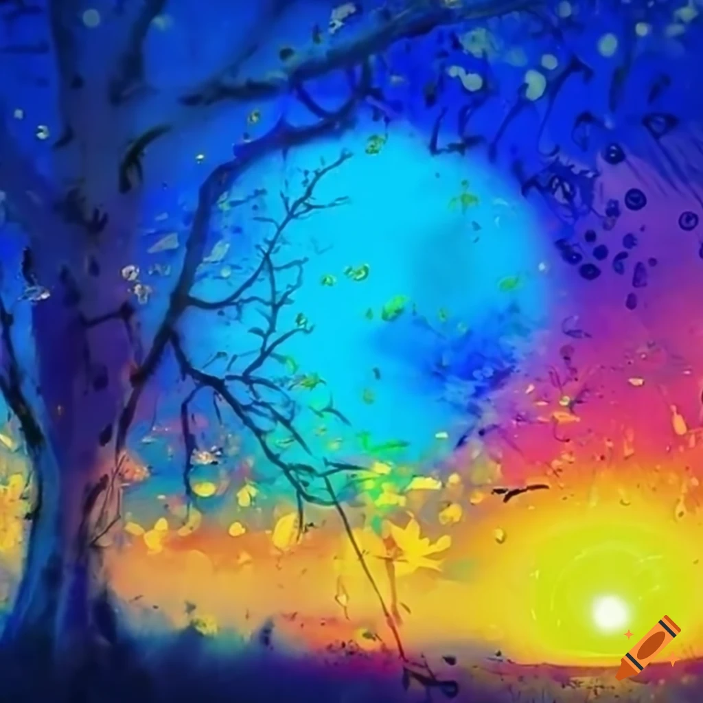 Abstract artwork with blue sun and pink tree