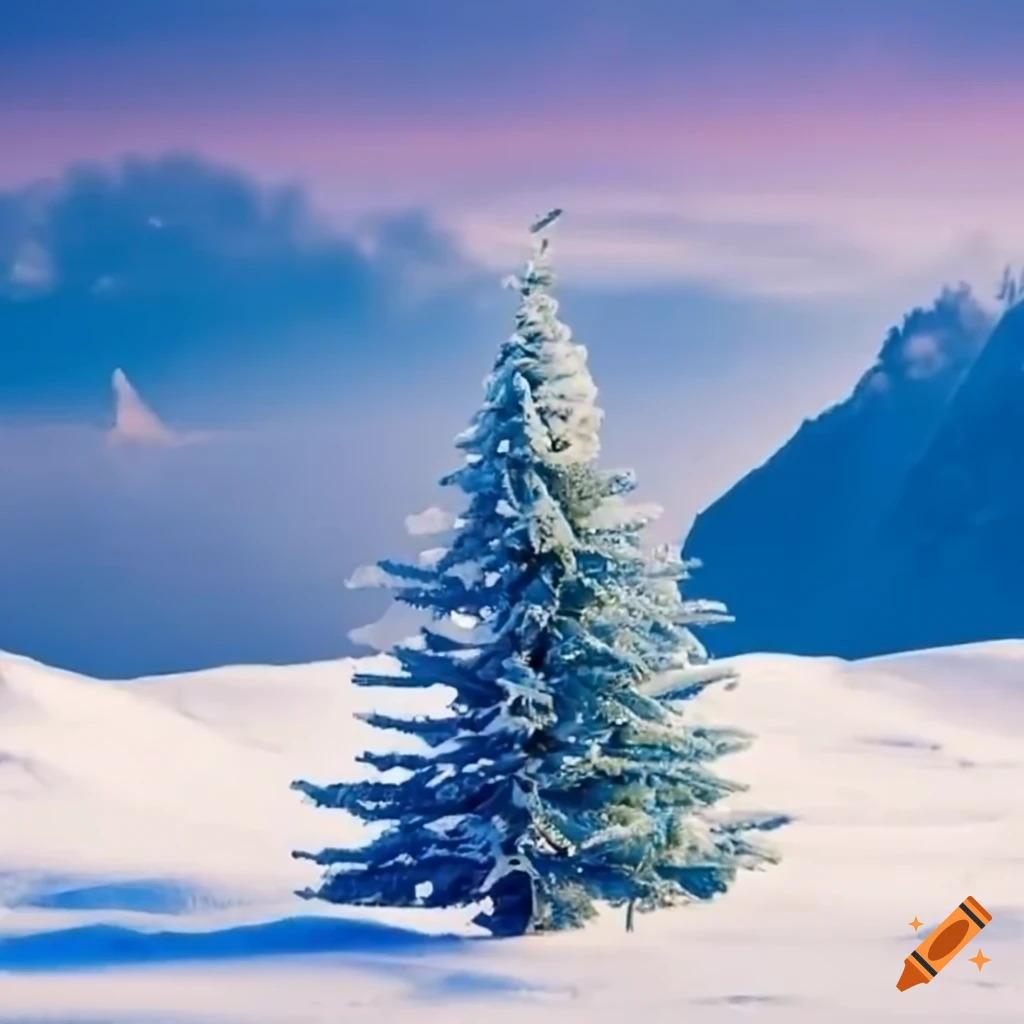 Snow-covered christmas tree on a hill on Craiyon