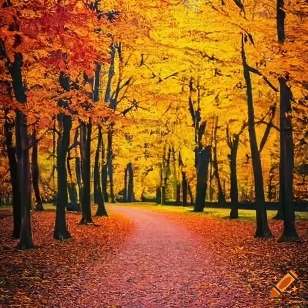 Autumn park scene with colorful leaves and warm colors