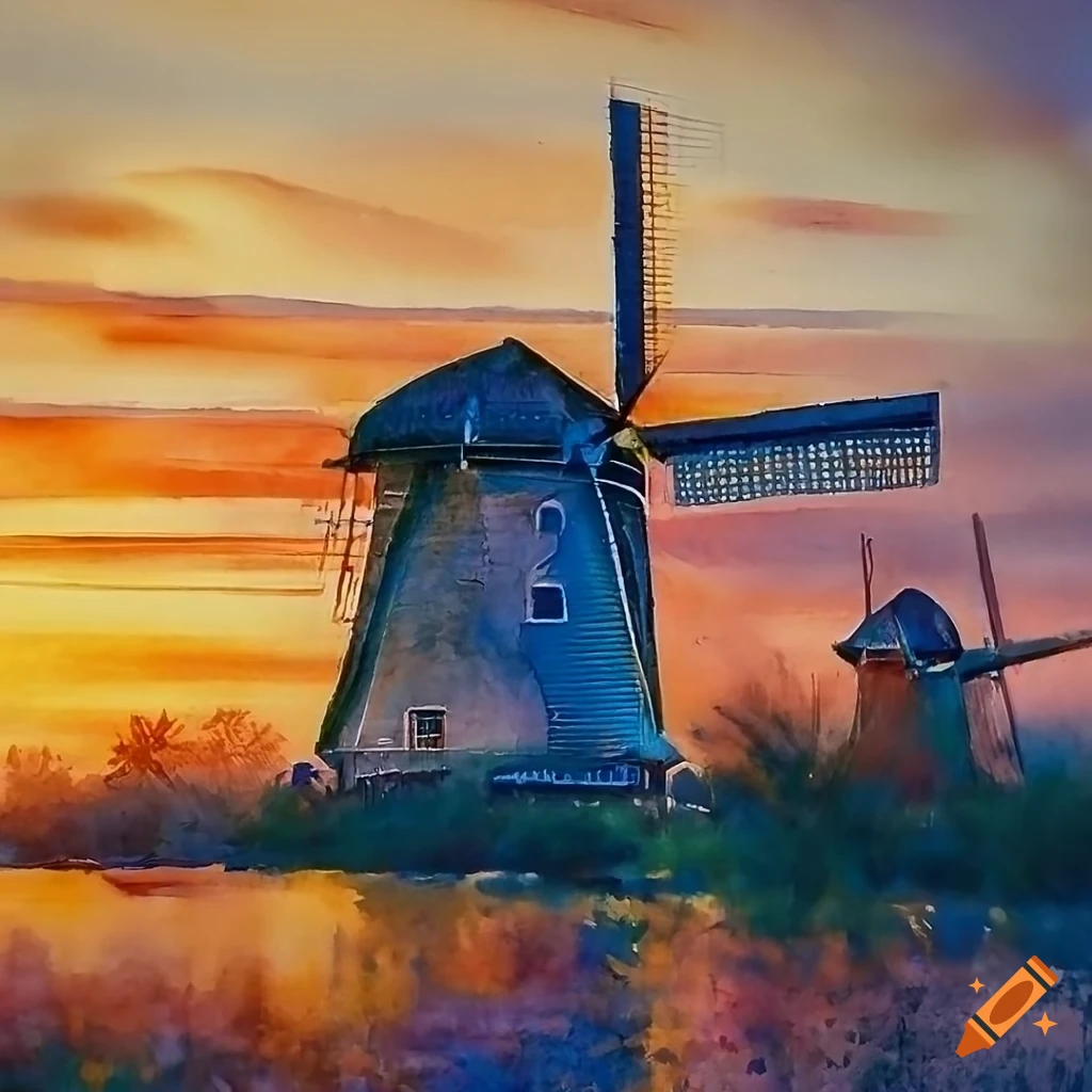 Abstract watercolor painting of a dutch windmill on Craiyon