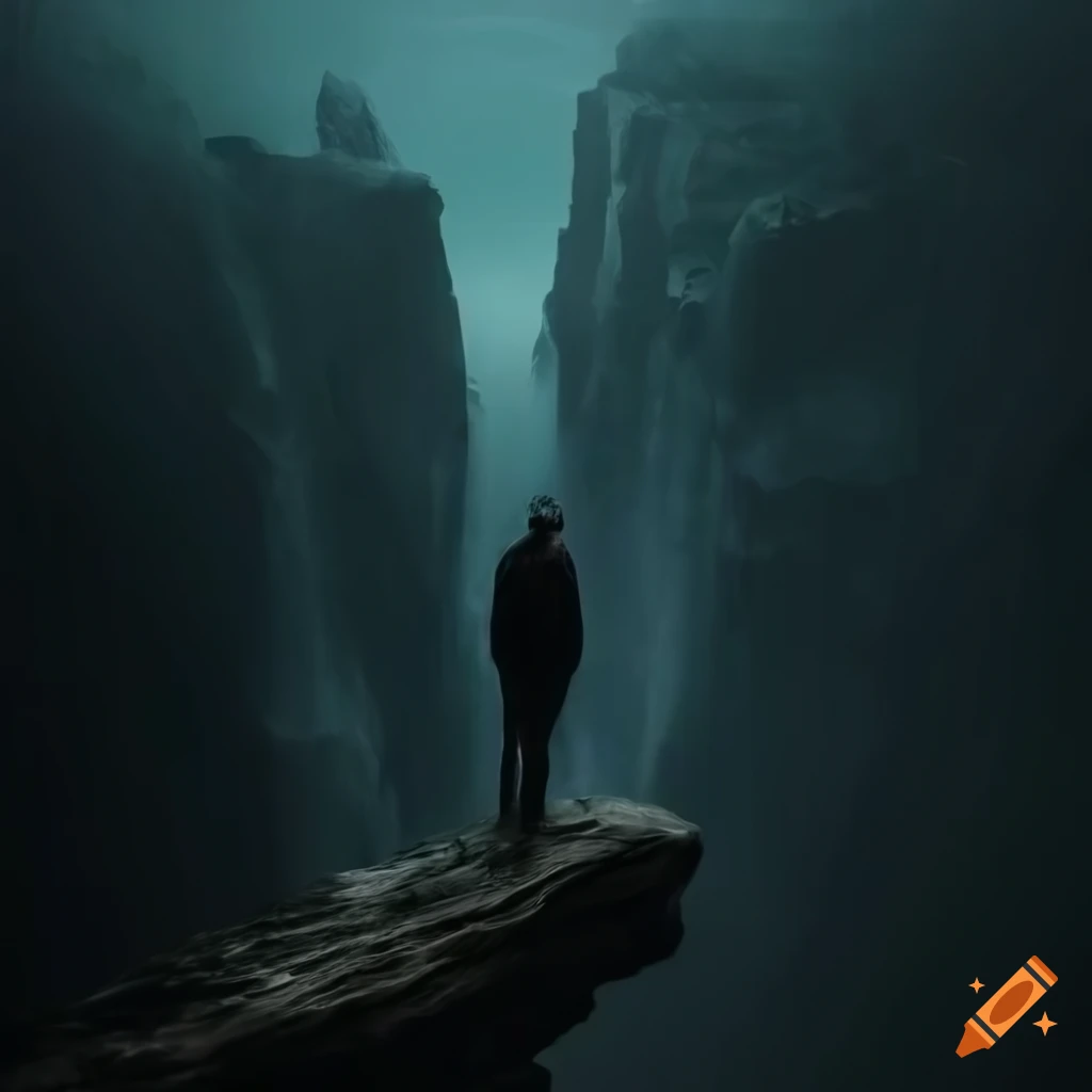 Modern art painting of a man standing on the edge of a tall cliff on ...