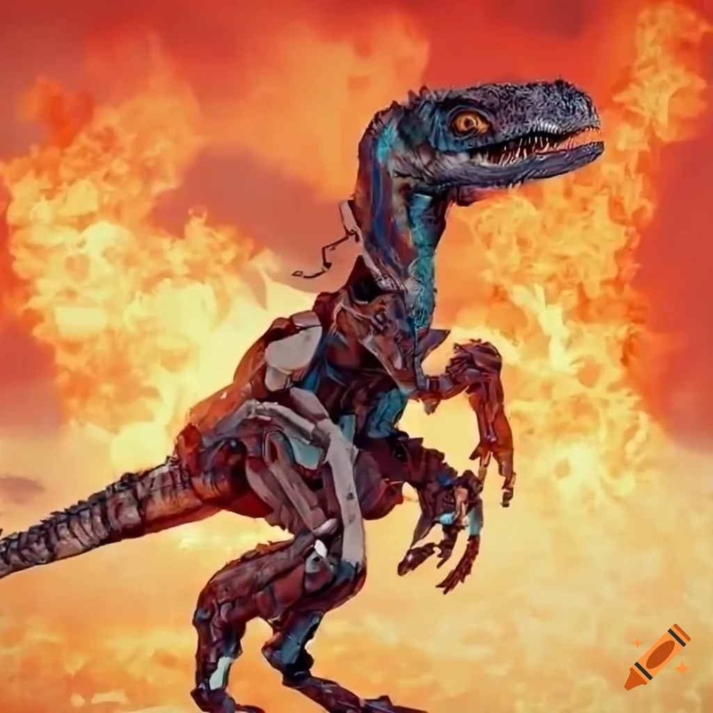 Detailed robotic velociraptor with flame throwers on Craiyon