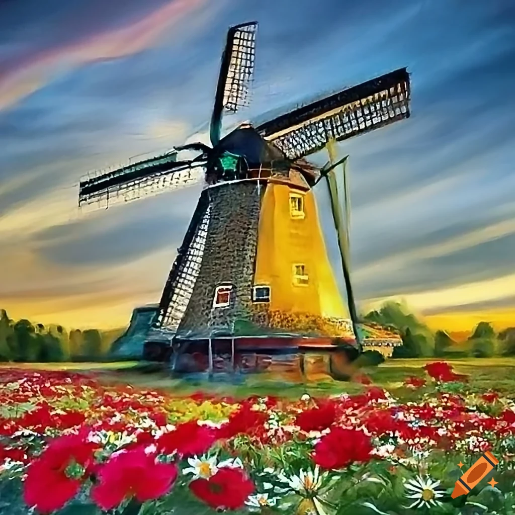 Abstract painting of a Dutch windmill surrounded by a beautiful garden ...