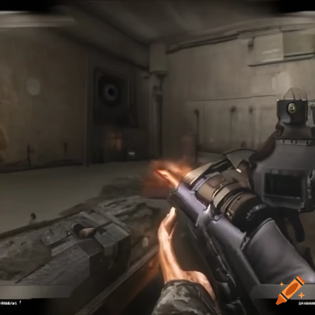 Screenshot of a first person shooter game on Craiyon