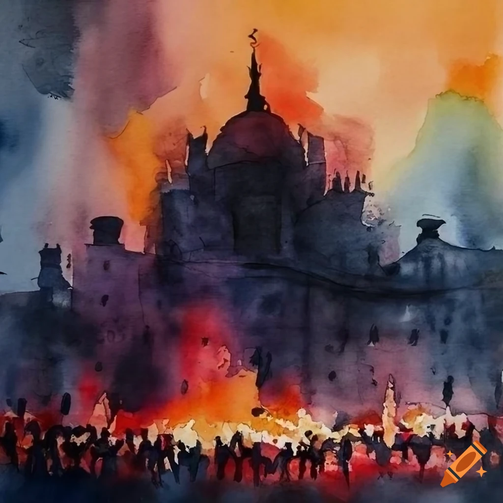 Dark watercolor painting of mass protests and riots