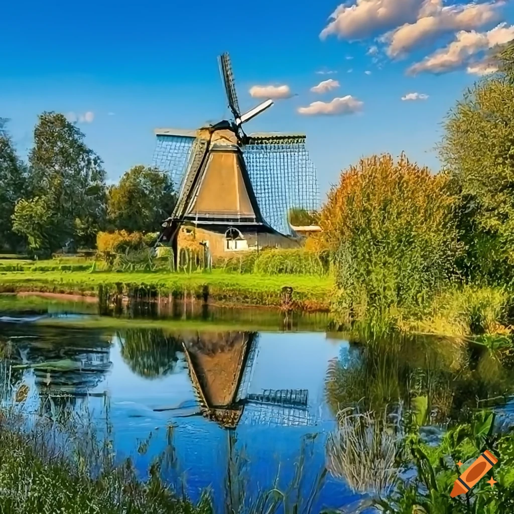 Vibrant painting of a Dutch windmill in a lush garden on Craiyon